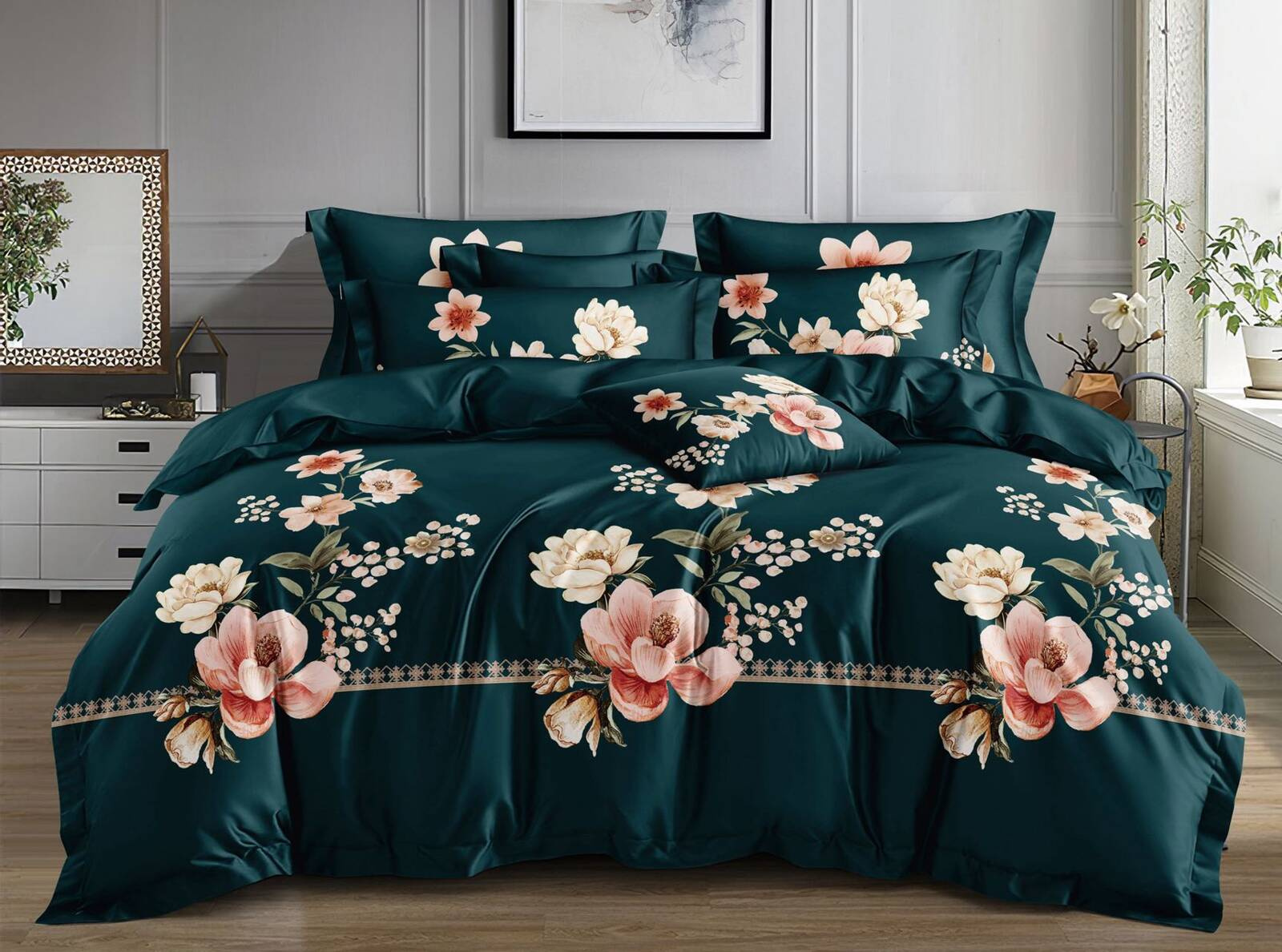 Pościel butelkowa zielona w kwiaty 160x200 4el Malachite | KOMPLETY ...